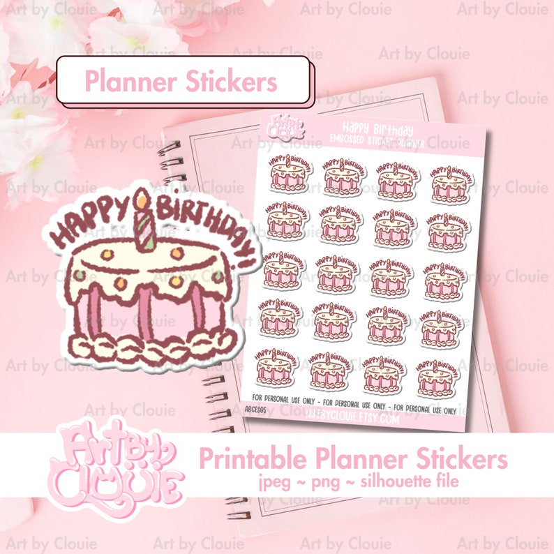 Happy Birthday Printable Planner Stickers, Birthday Cake Embossed ...