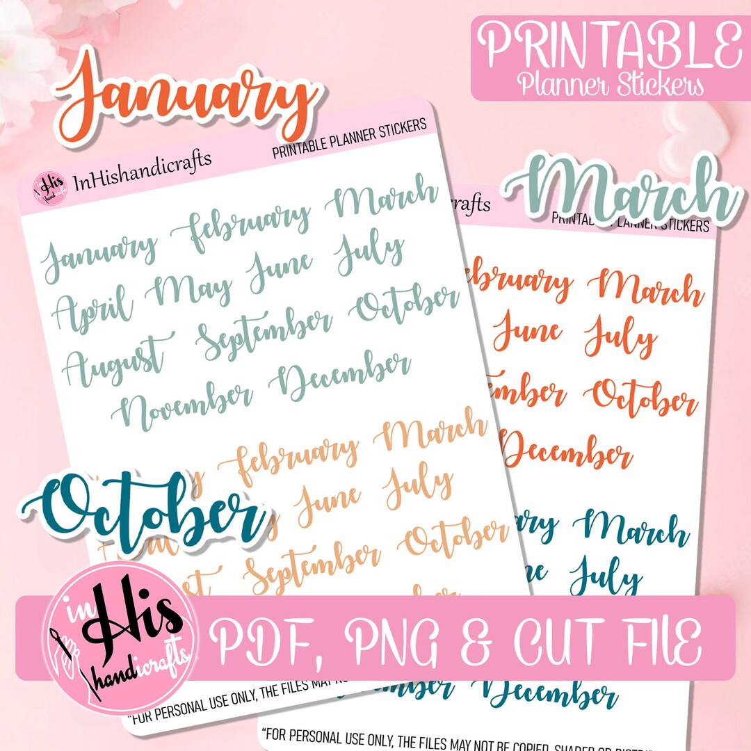 02 Monthly Scripts, Printable Planner Stickers, Cricut and Silhouette ...