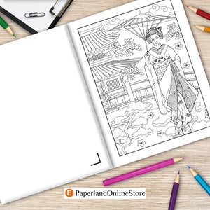 Geisha Coloring Book, Coloring Books for Adults, Geisha Fans, Japanese ...