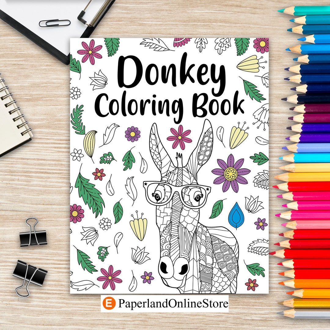 Donkey Coloring Book, Adult Coloring Book, Animal Coloring Book, Floral ...