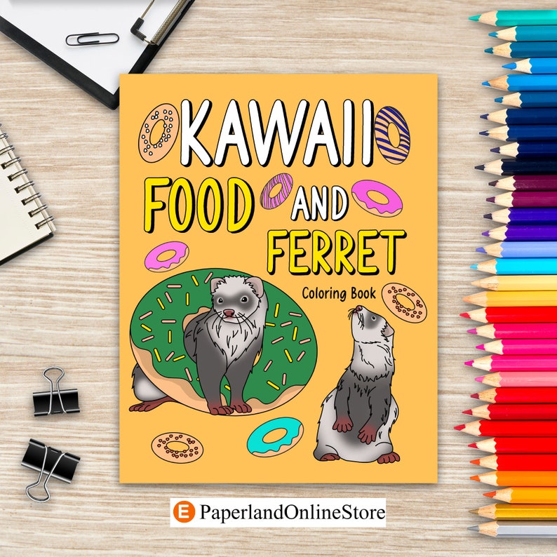Kawaii Food and Ferret Coloring Book, Adult Activity Art Pages ...