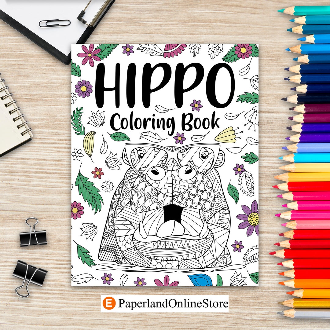 Hippo Coloring Book, Adult Coloring Book, Animal Coloring Book, Floral ...