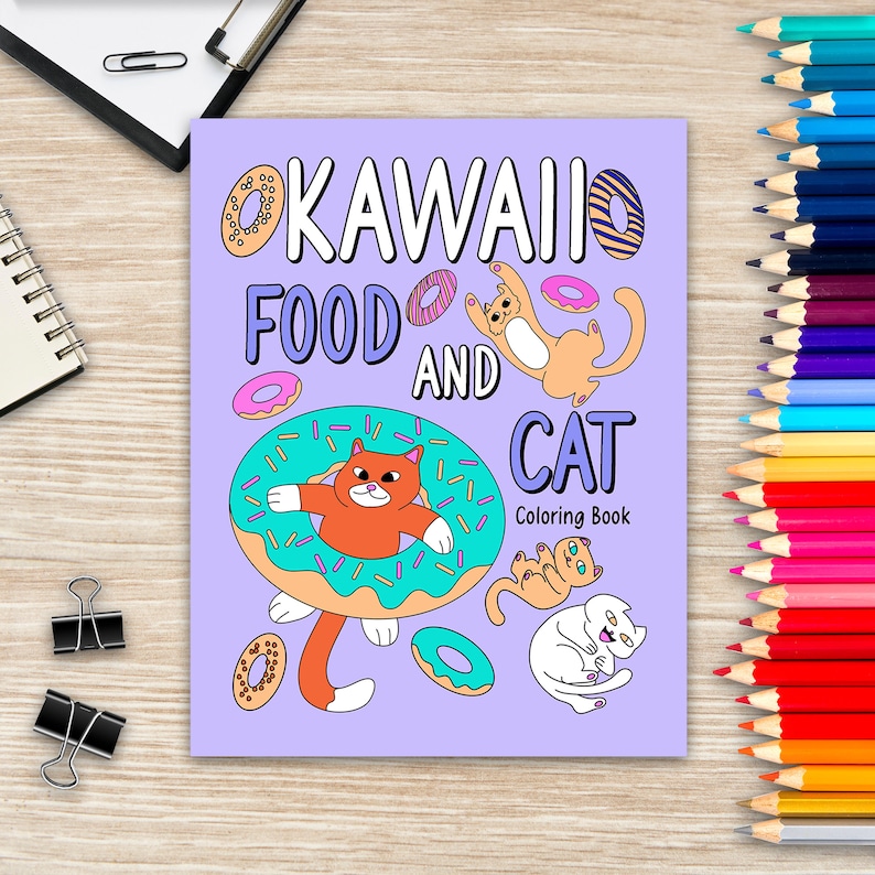 Kawaii Food and Cat Coloring Book A Hilarious Fun Coloring | Etsy