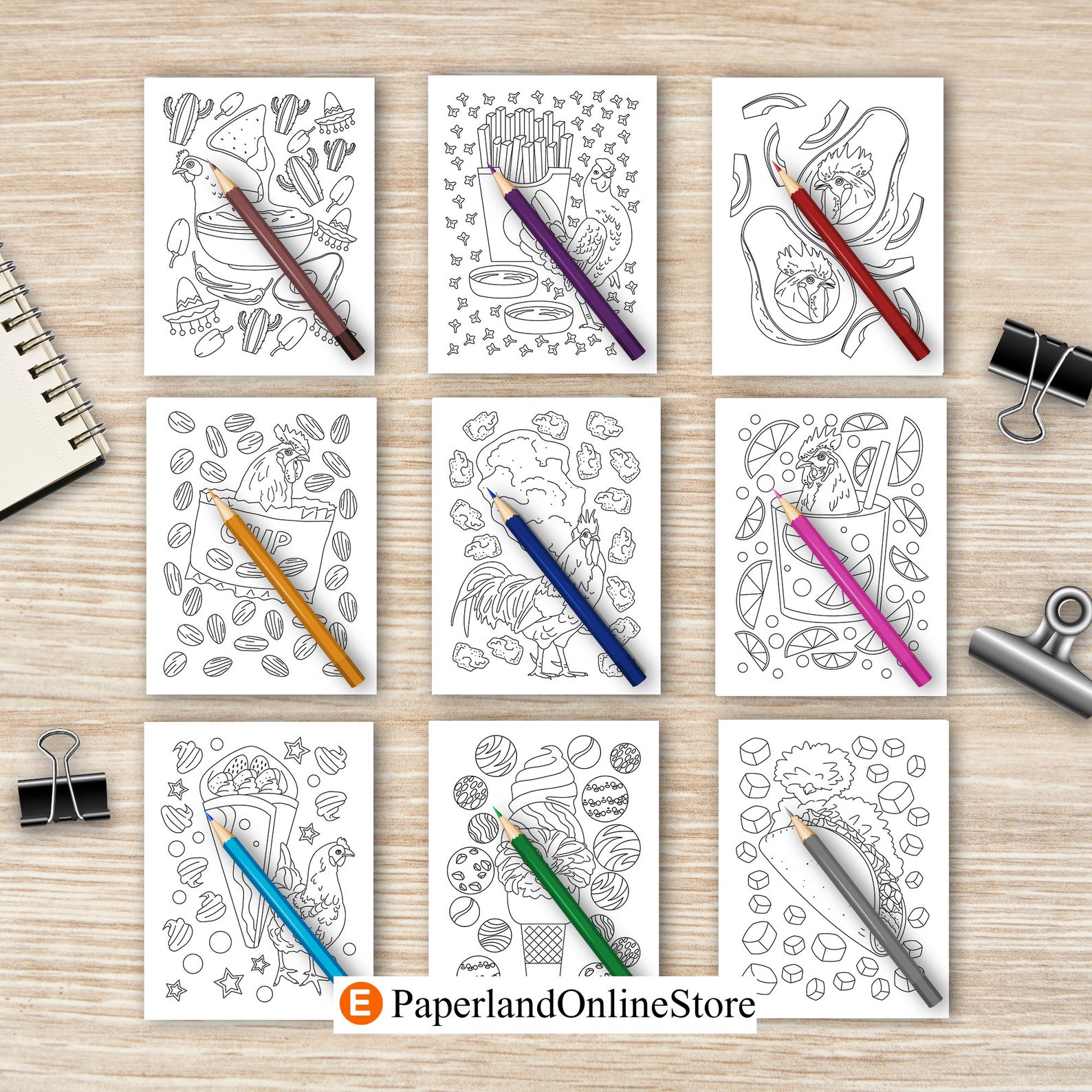 Kawaii Food and Chicken Coloring Book Coloring Pages for - Etsy