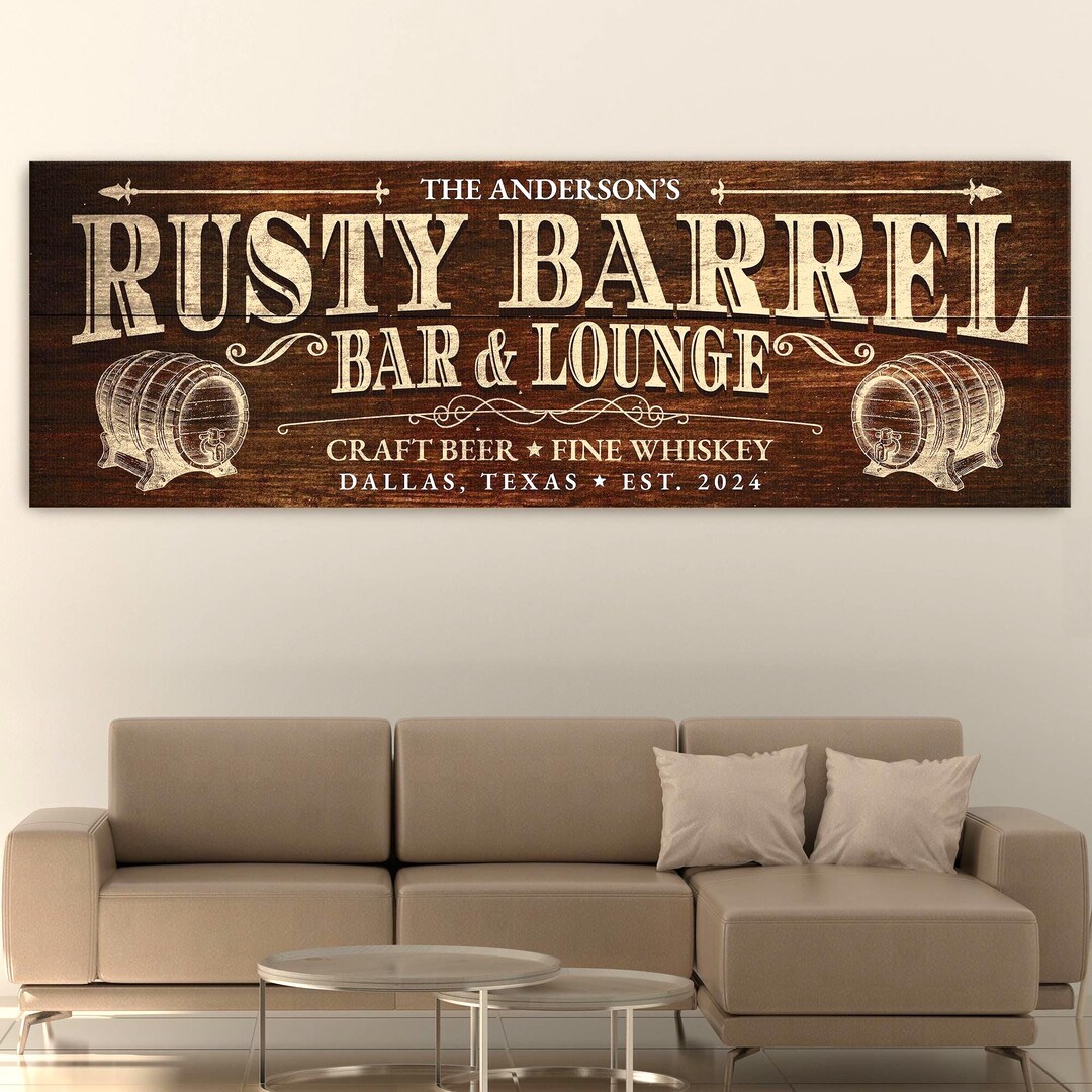 Rusty Barrel Bar Canvas – Personalized Whiskey Bar Sign, Rustic Lounge ...