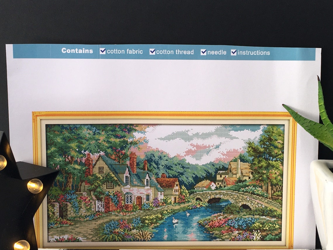 Cross Stitch Kit Countryside Village and River - Etsy