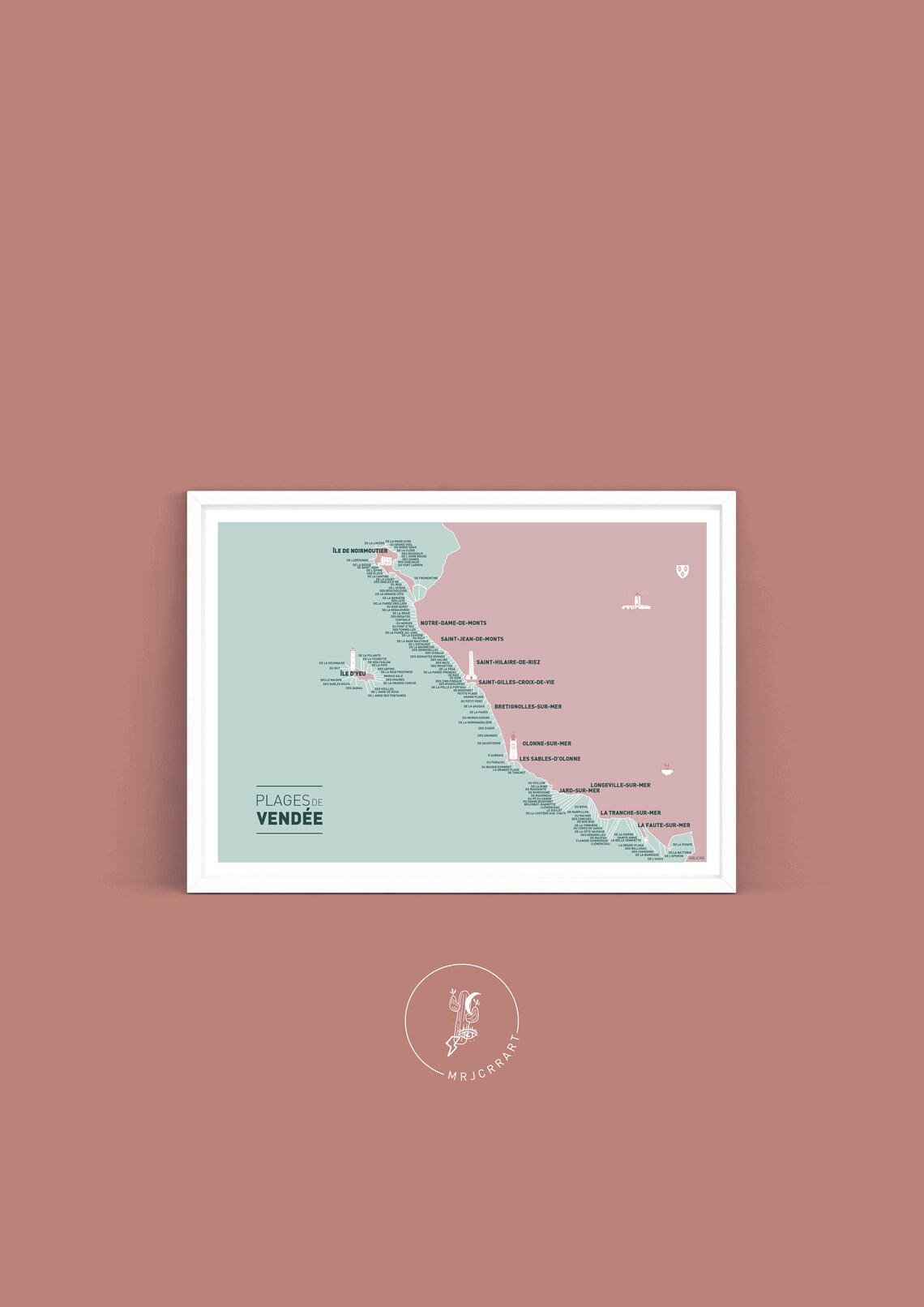 Vendée Beaches Map Poster, A3 Poster Illustration for Wall Decoration ...