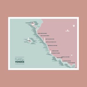 Vendée Beaches Map Poster, A3 Poster Illustration for Wall Decoration ...