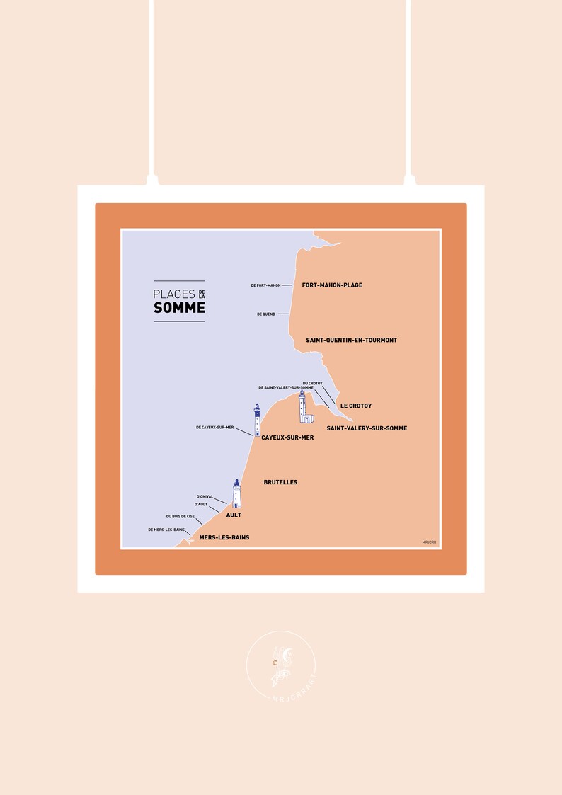 Affiche Carte des Plages de la Somme , Illustration poster carré pour ...