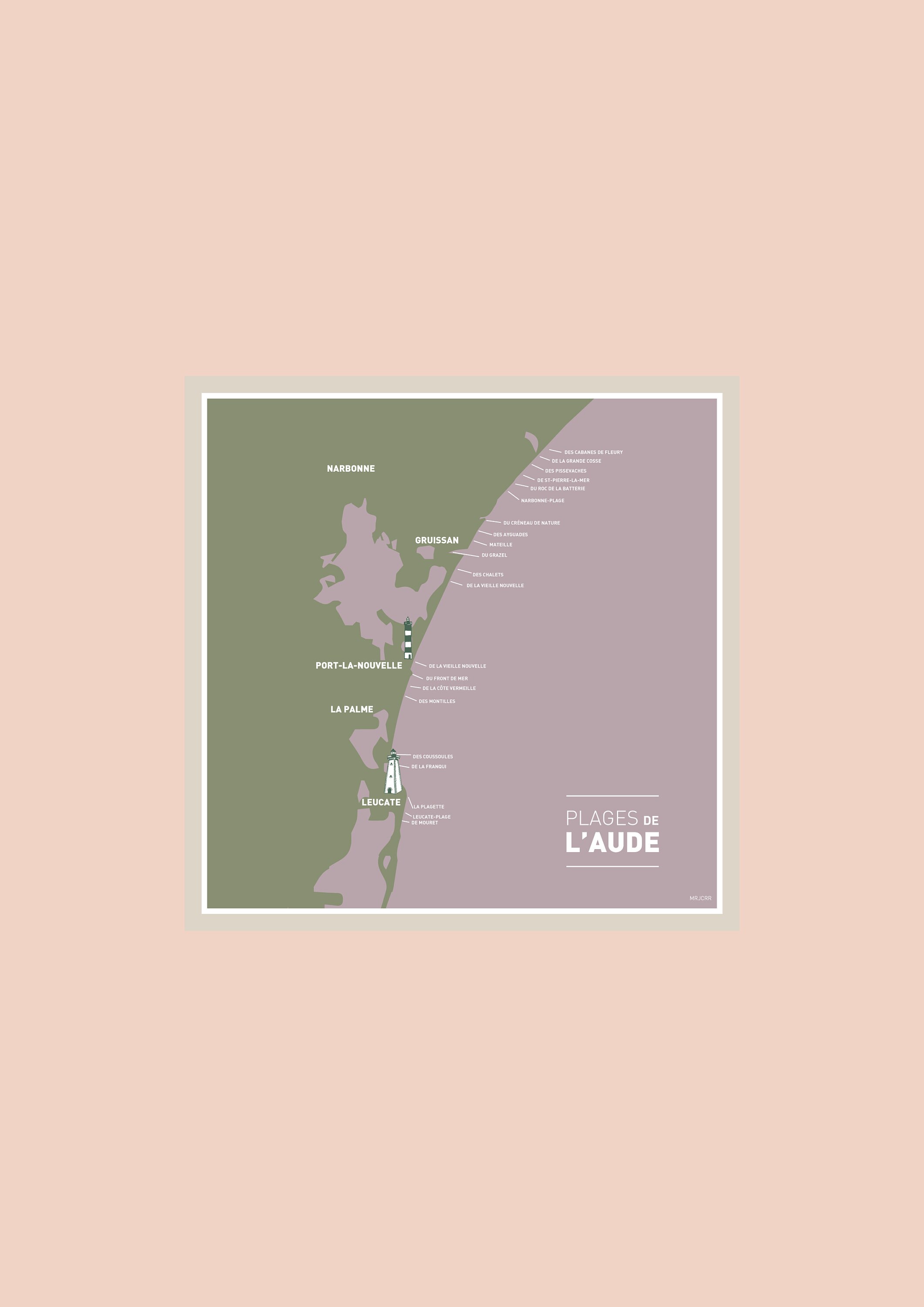 Poster Map of the Beaches of the Aude, Illustration Square Poster for ...
