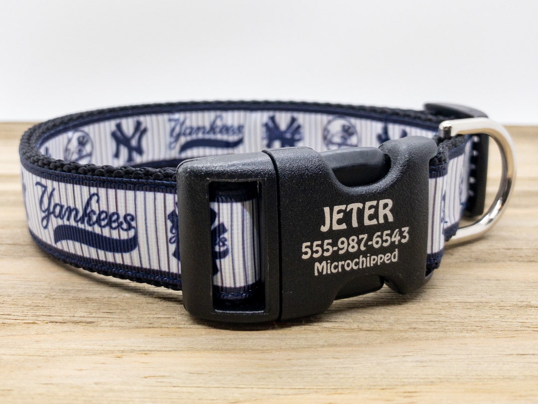 Blue and White Stripe NY Yankees Dog Collar Laser Engraved Buckles ...
