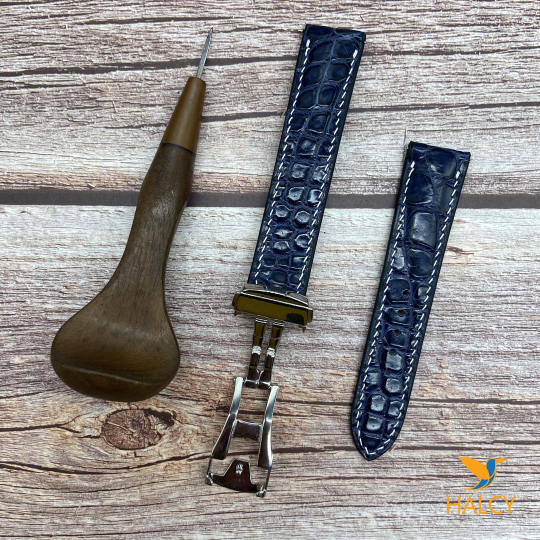 Blue Alligator Leather Watch Strap, Choice of Width, With Foldover ...