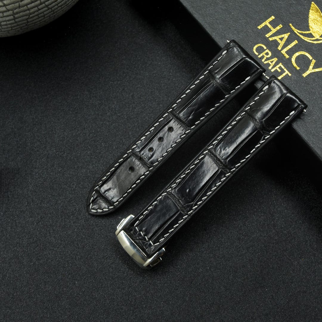 Black Alligator Leather Watch Strap, Choice of Width, With Foldover ...