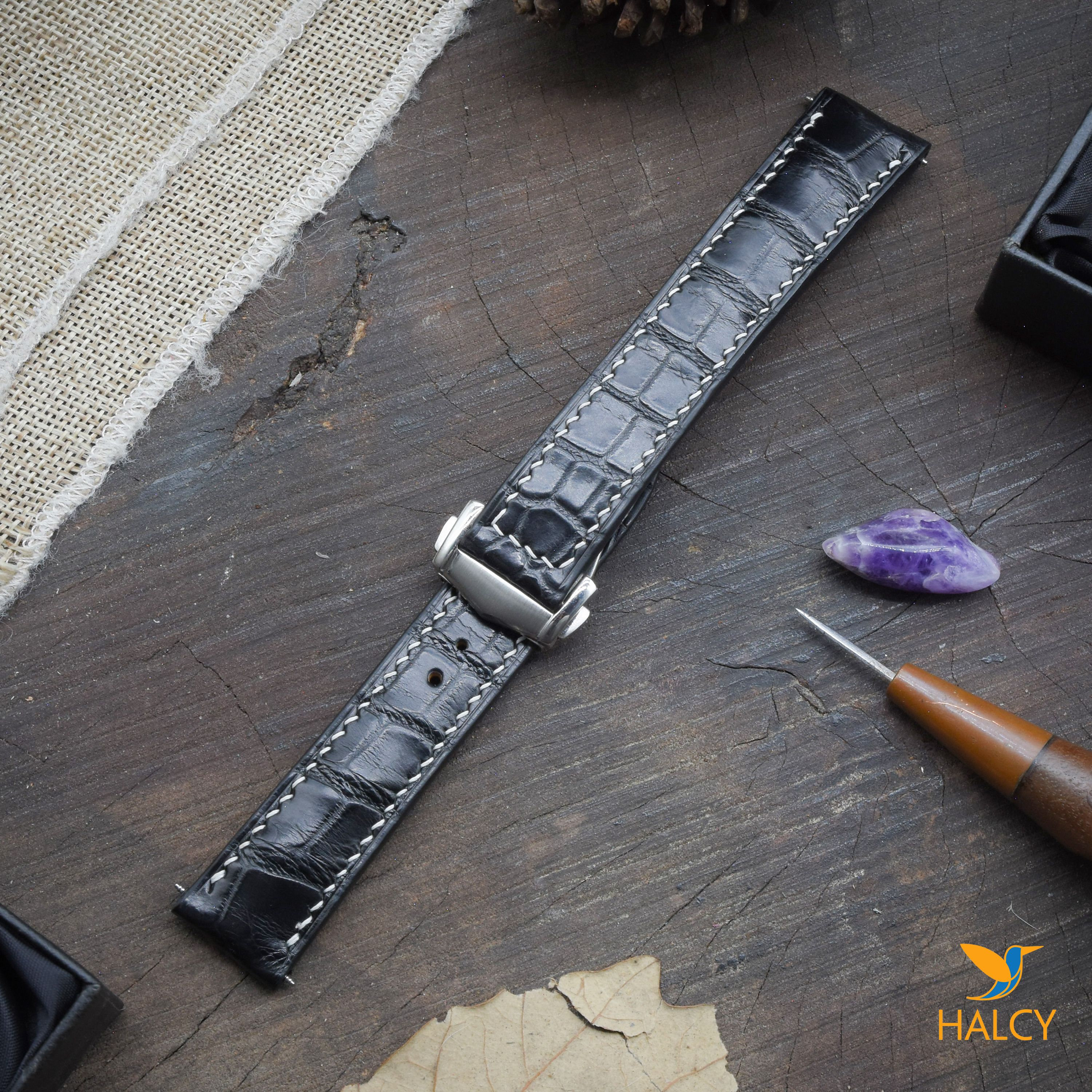Black Alligator Leather Watch Strap, Choice of Width, With Foldover ...