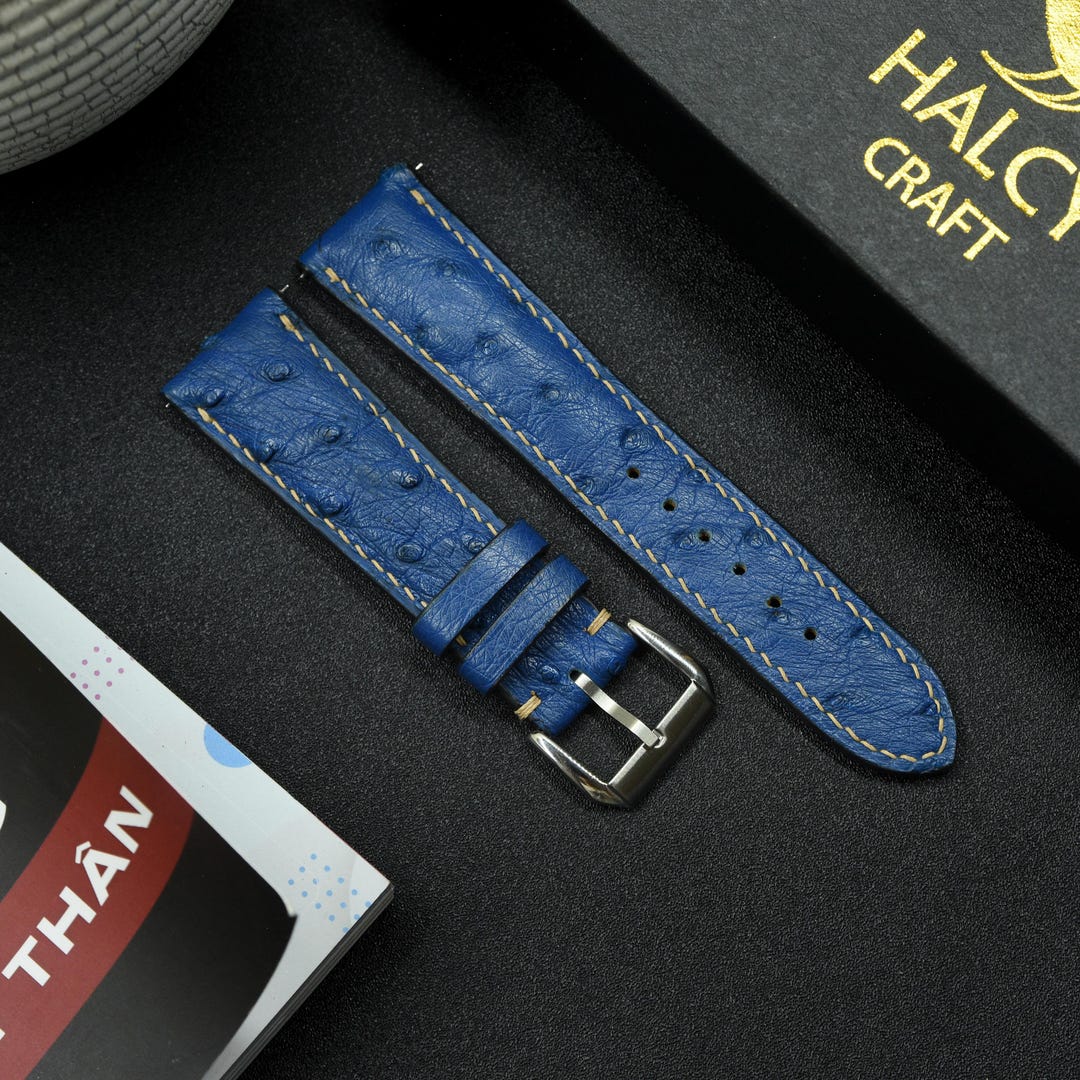Blue Ostrich Leather Watch Strap, Choice of Width, Choice Color Buckle ...