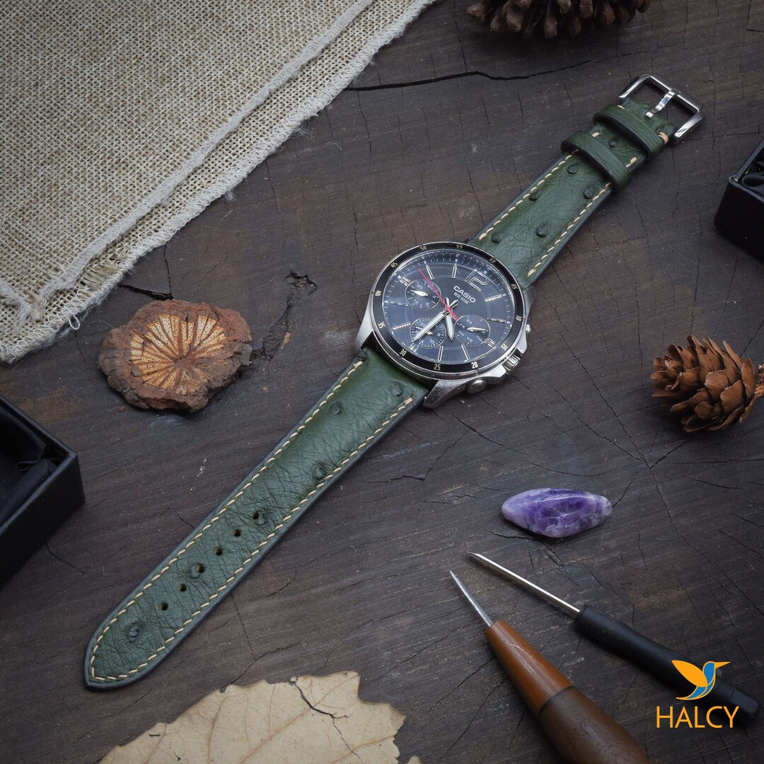 Green Ostrich Leather Watch Strap, Choice of Width, Choice Color Buckle ...