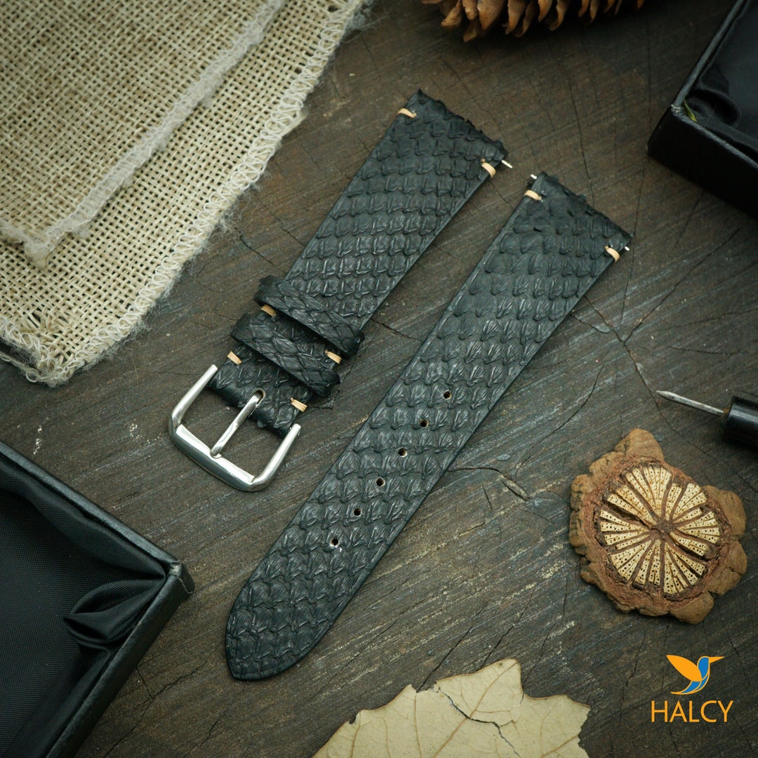Black Python Leather Watch Strap, Choice of Width, Choice Color Buckle ...