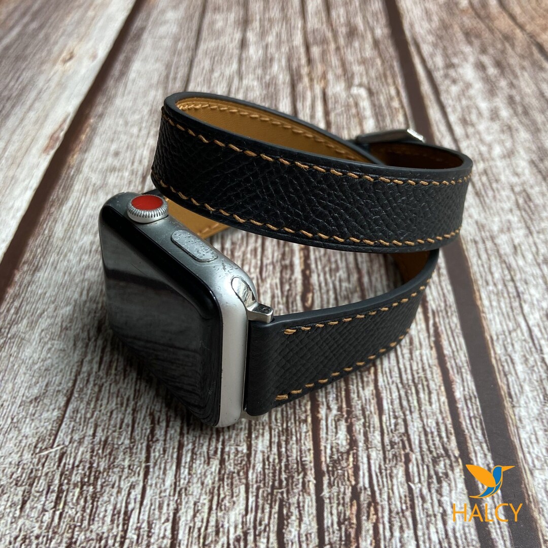 Black Epsom Calf Leather Double Wrap for Apple Watch Band Fit for Ultra ...
