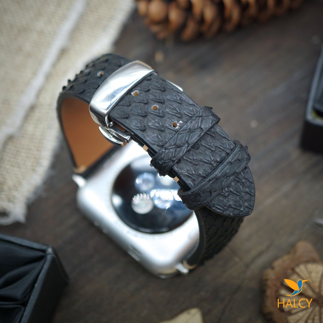 Custom Black Python Leather Watch Band Fit for Smart Watch 45mm, 44mm ...