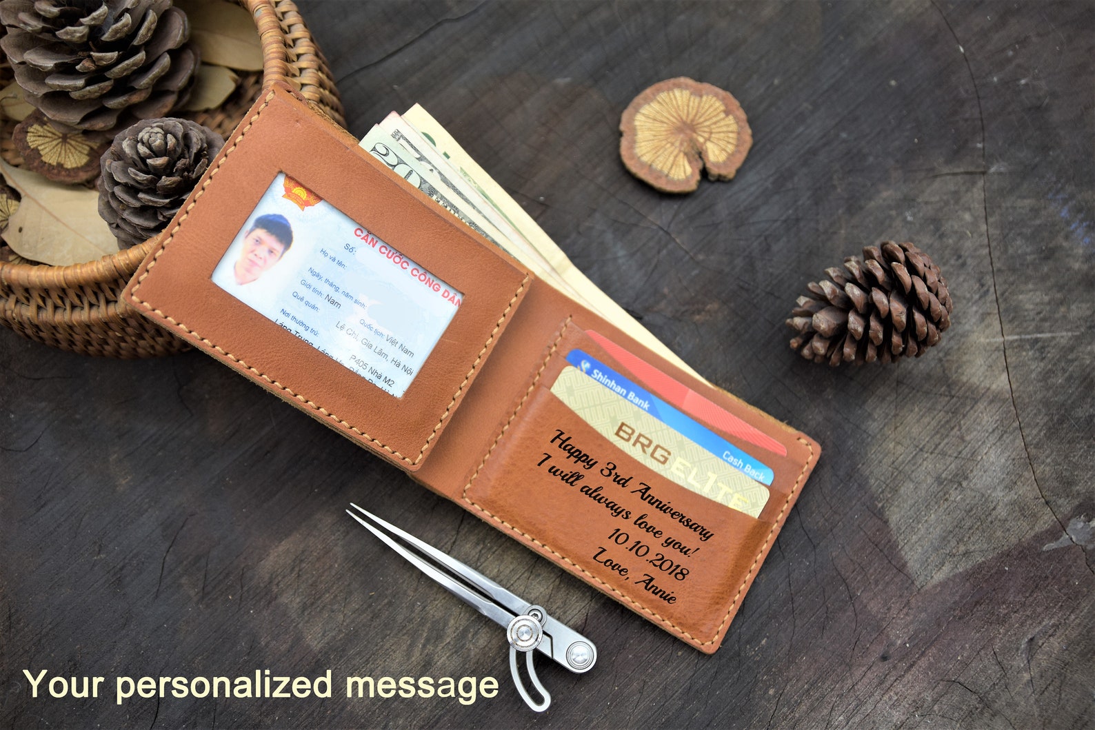 Personalized Leather Wallet Mens Trifold, With ID Card, Boyfriend Gift ...