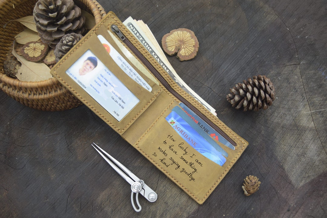 Personalized Leather Wallet Mens Bifold, With ID Card, With Zipper ...
