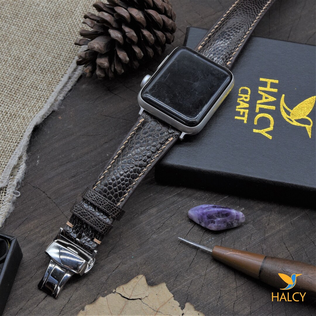 Ostrich Leg Leather Apple Watch Band: Brown Exotic Strap With Steel ...