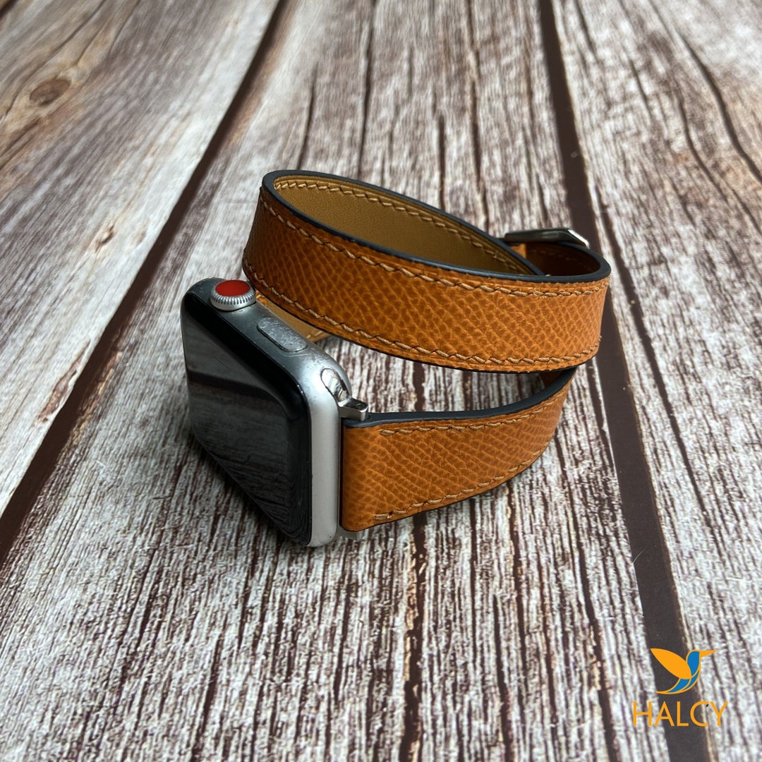 Gold Epsom Calf Leather Double Wrap Watch Band Fit for Apple Ultra, SE ...