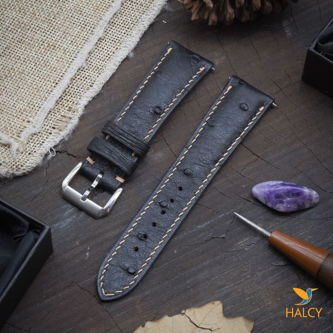 Black Ostrich Leather Watch Strap, Choice of Width, Choice Color Buckle ...