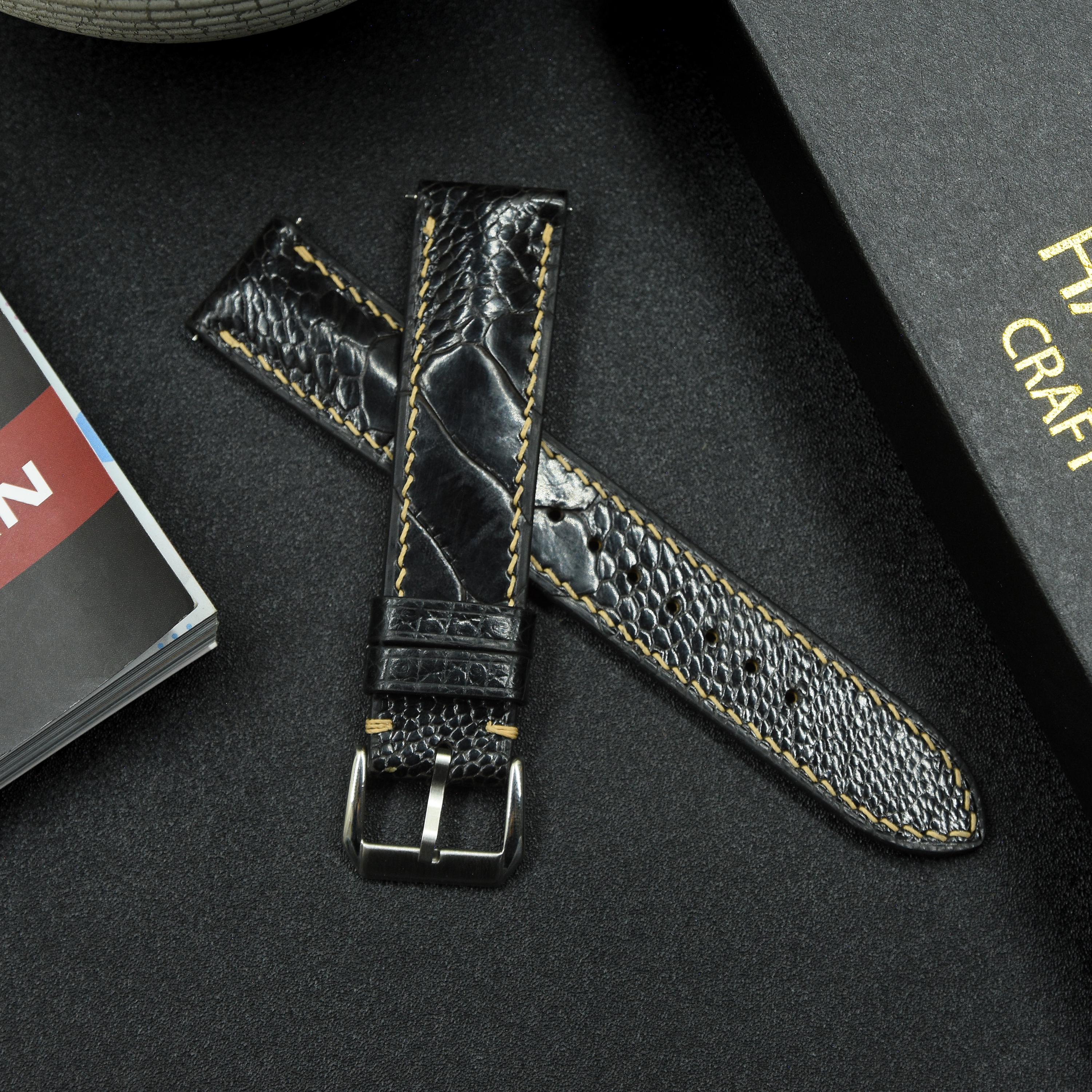 Black Ostrich Leg Leather Watch Strap, Choice of Width, Choice Color ...