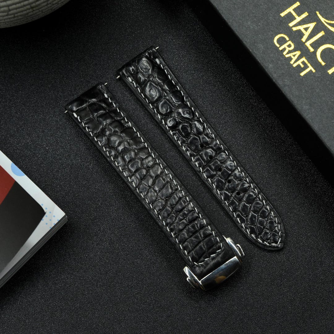 Black Alligator Leather Watch Strap, Choice of Width, With Foldover ...