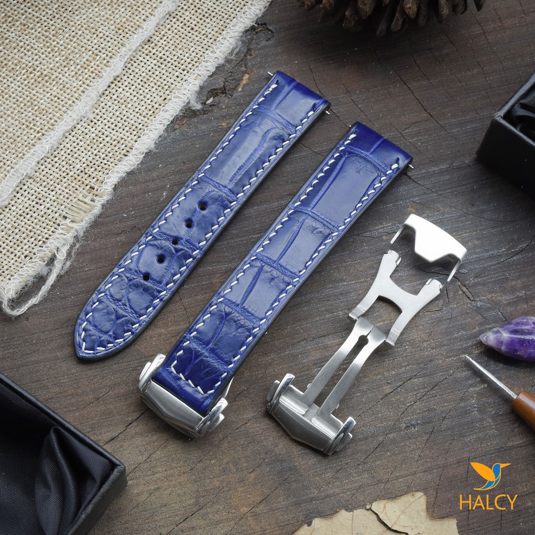 Blue Alligator Leather Watch Strap, Choice of Width, With Foldover ...