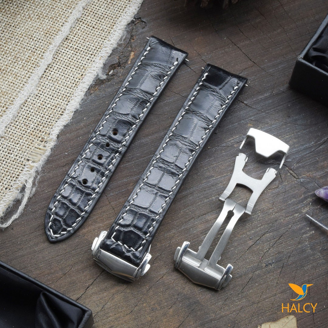 Black Alligator Leather Watch Strap, Choice of Width, With Foldover ...