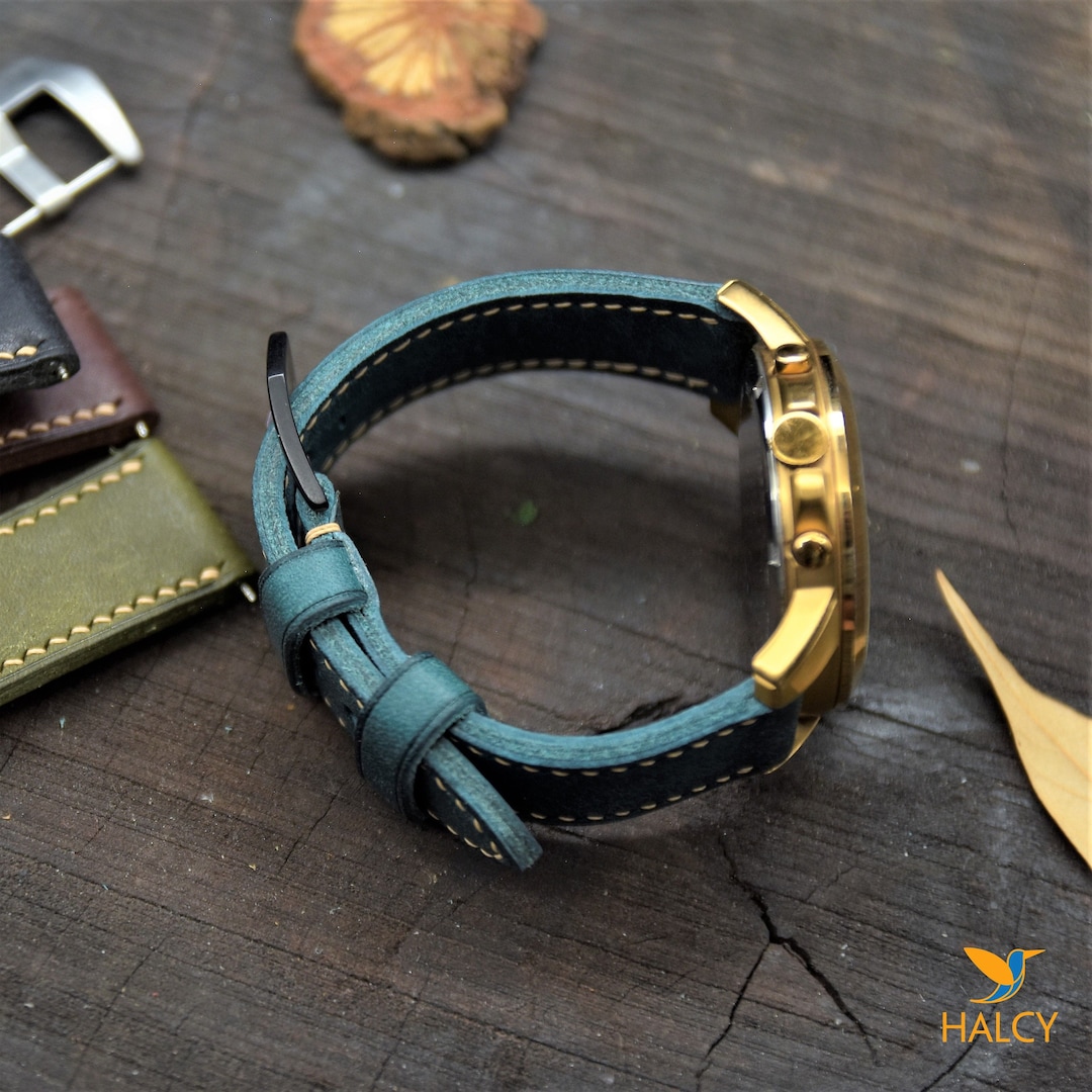 Custom Handmade Blue Leather Watch Strap, Thick Full-grain Double-fold ...