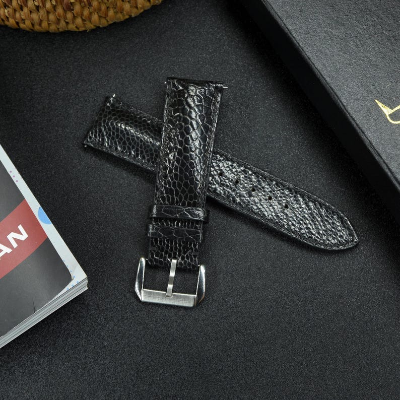 Black Ostrich Leg Leather Watch Band | Handmade Exotic Strap | Quick ...