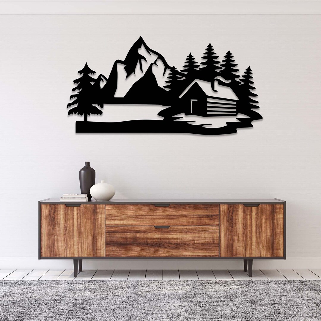 Mountain Cabin Scenery Metal Wall Decor Nature Tree Art Unique Gift ...