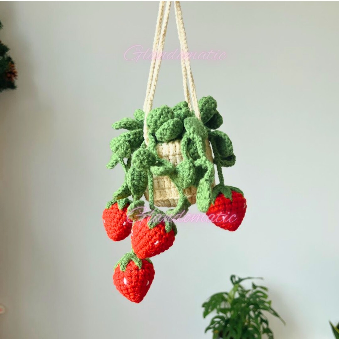 Crochet Strawberry Car Plant - Crochet Hanging Decor - Handmade Car ...