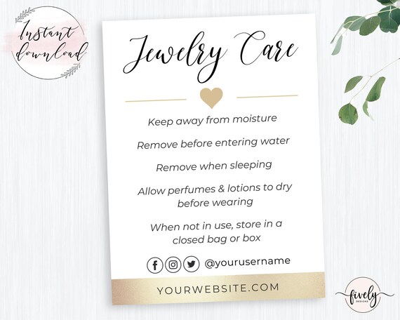 Care Instructions Card 100% Editable Jewelry Care Card Insert Care Card ...