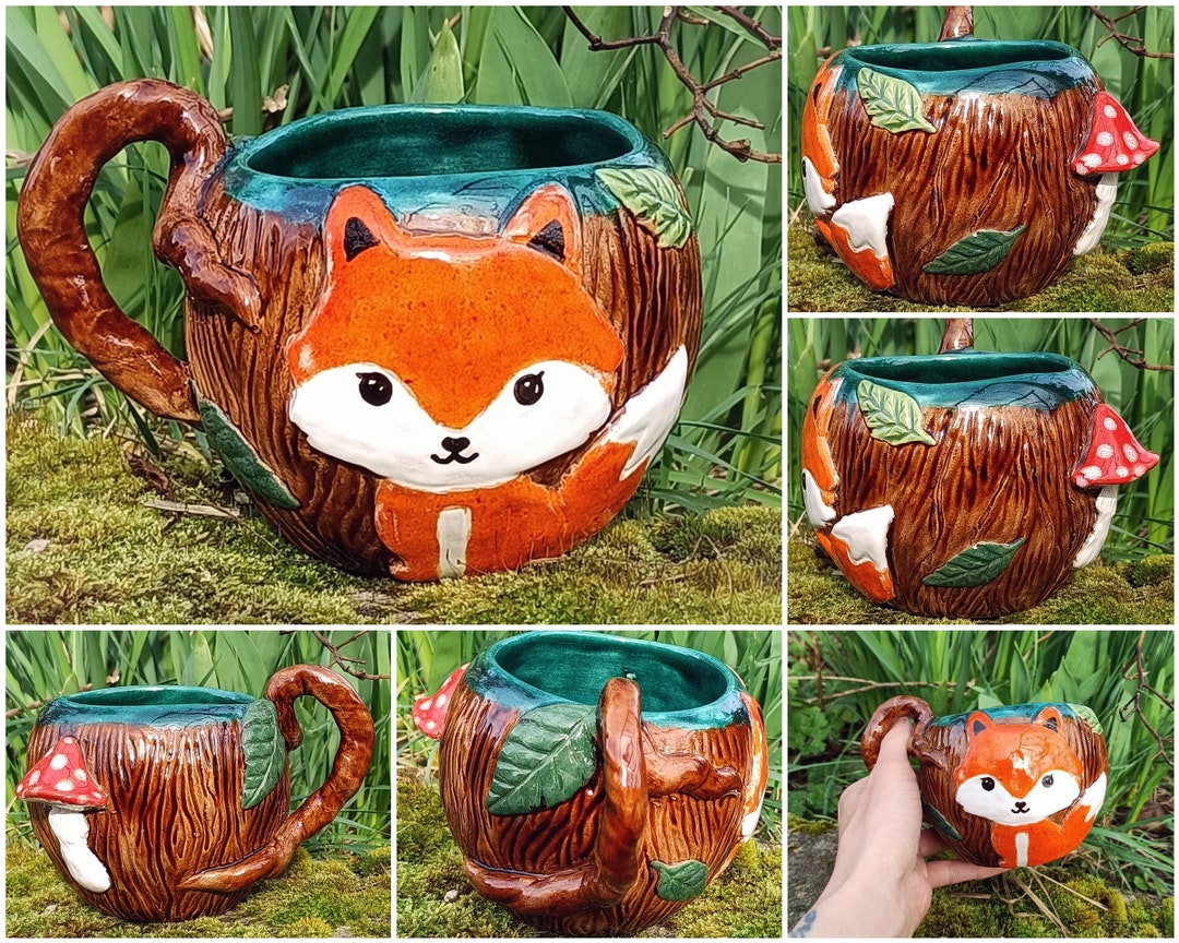 Handmade Ceramic Forest Mug Decorated With a Fox, Leaves and a Mushroom ...