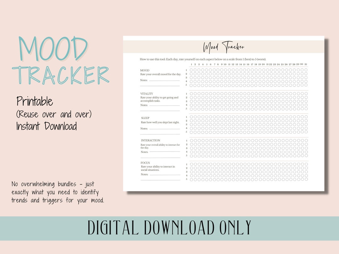 Printable Mental Health Mood Tracker: Daily Emotional Wellness Journal ...