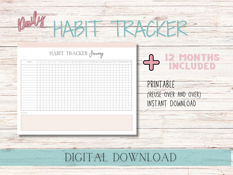 Printable Daily Habit Tracker Monthly Landscape Tracking Pink ...