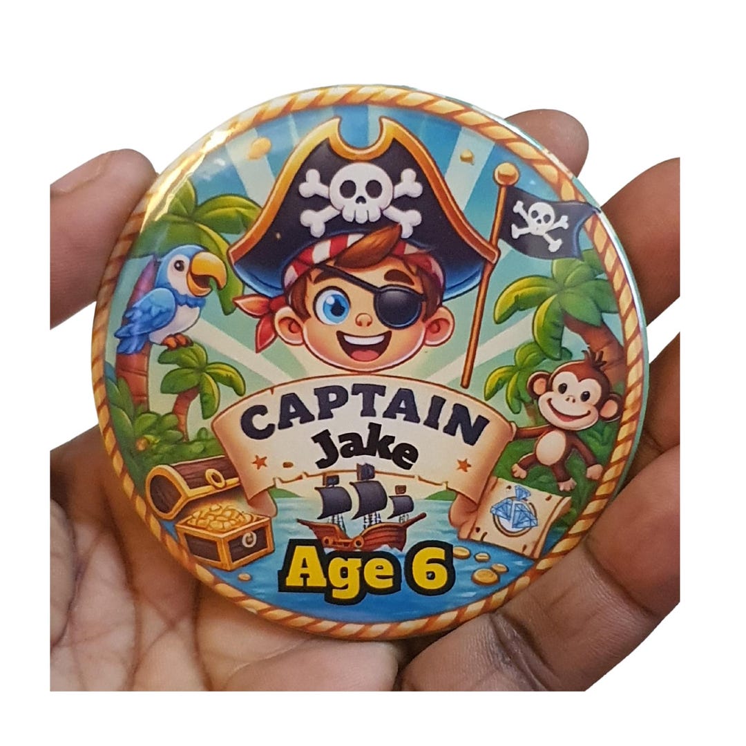 Personalized Pirate Birthday Badge – 75mm Swashbuckling Custom Design ...