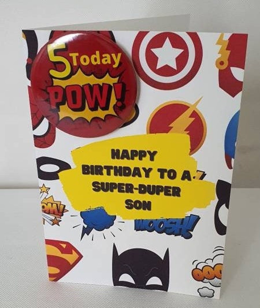 Superhero Birthday Card and Badge Set, Camieroseuk, A5 Cards, 75mm ...