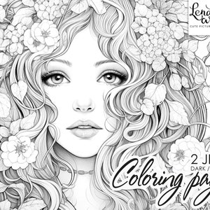Spring, Coloring Page for Adults, Grayscale Coloring Page, Girl ...