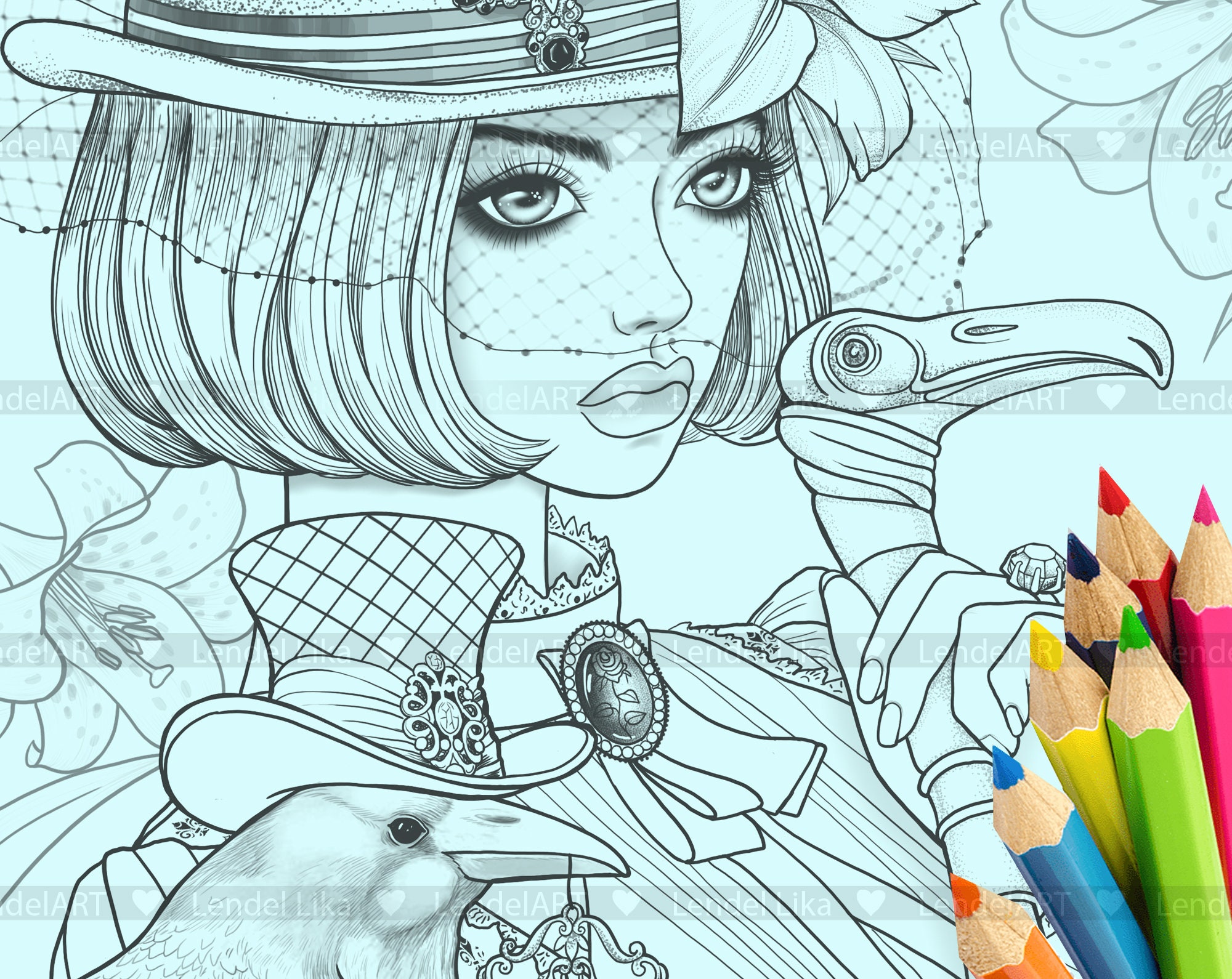 Gothic Vampire Raven Printable Coloring Page Girl Portrait - Etsy