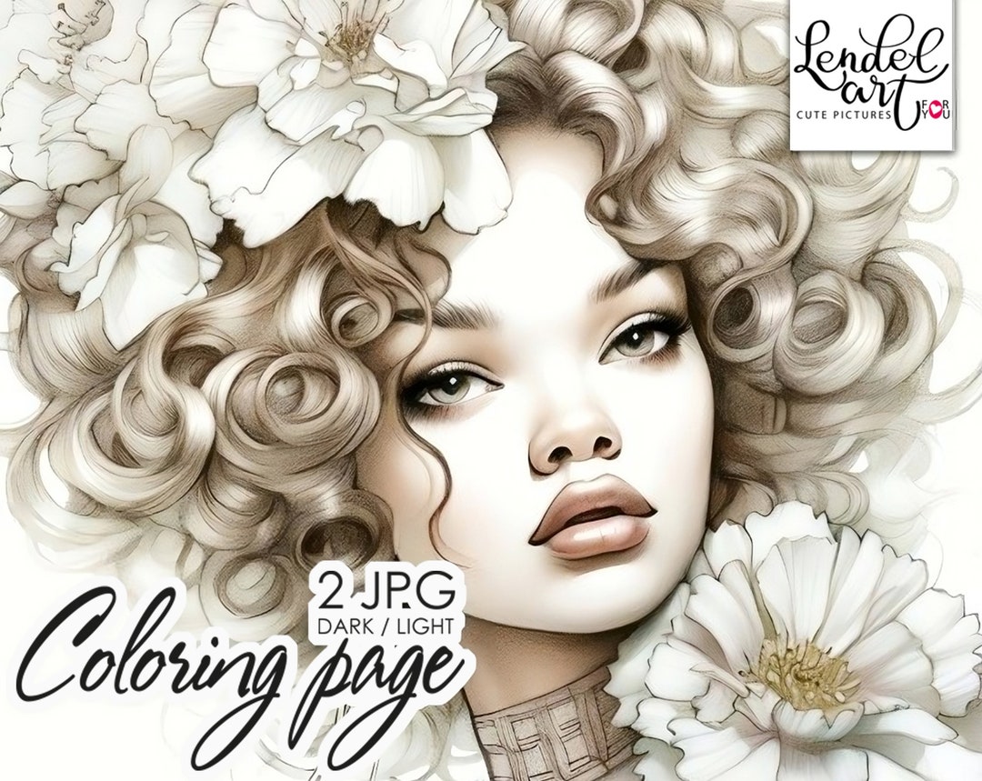 Charming Lady, Coloring Page for Adults, Beautiful Girl, Grayscale ...