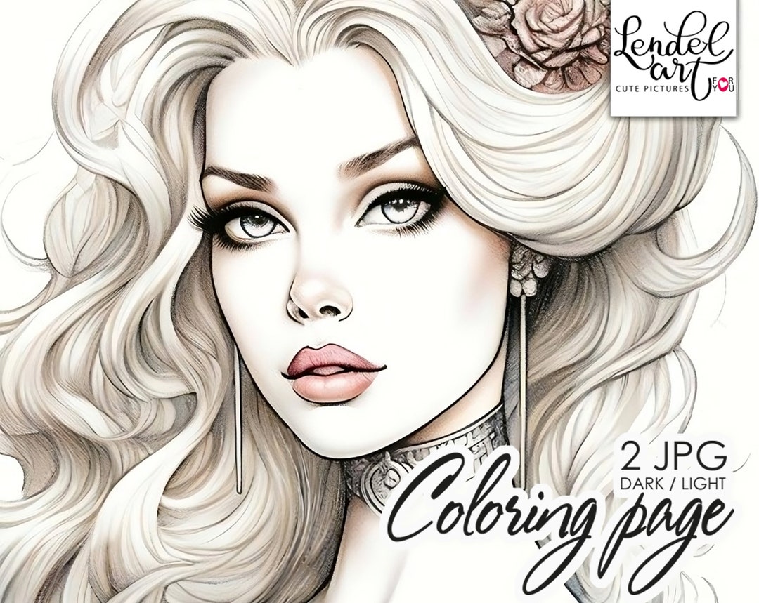Blonde, Coloring Page for Adults, Beautiful Girl, Grayscale Coloring ...