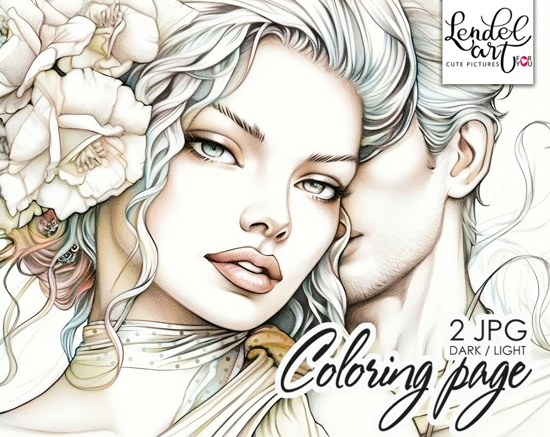Kiss, Coloring Page for Adults, Beautiful Girl, Grayscale Coloring Page ...