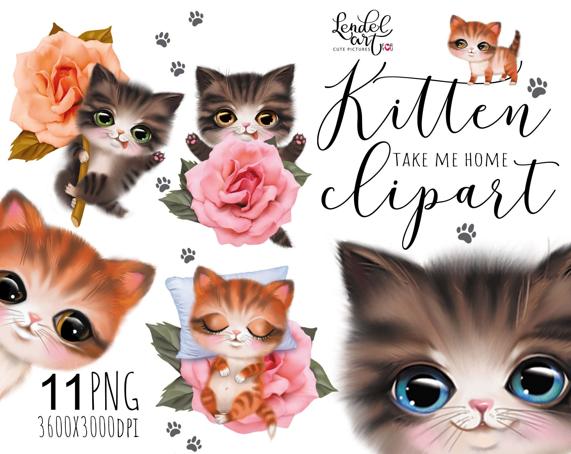 Art & Collectibles Drawing & Illustration Digital Kitten Clipart Hand ...