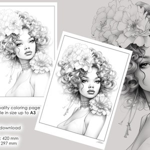 Charming Lady, Coloring Page for Adults, Beautiful Girl, Grayscale ...