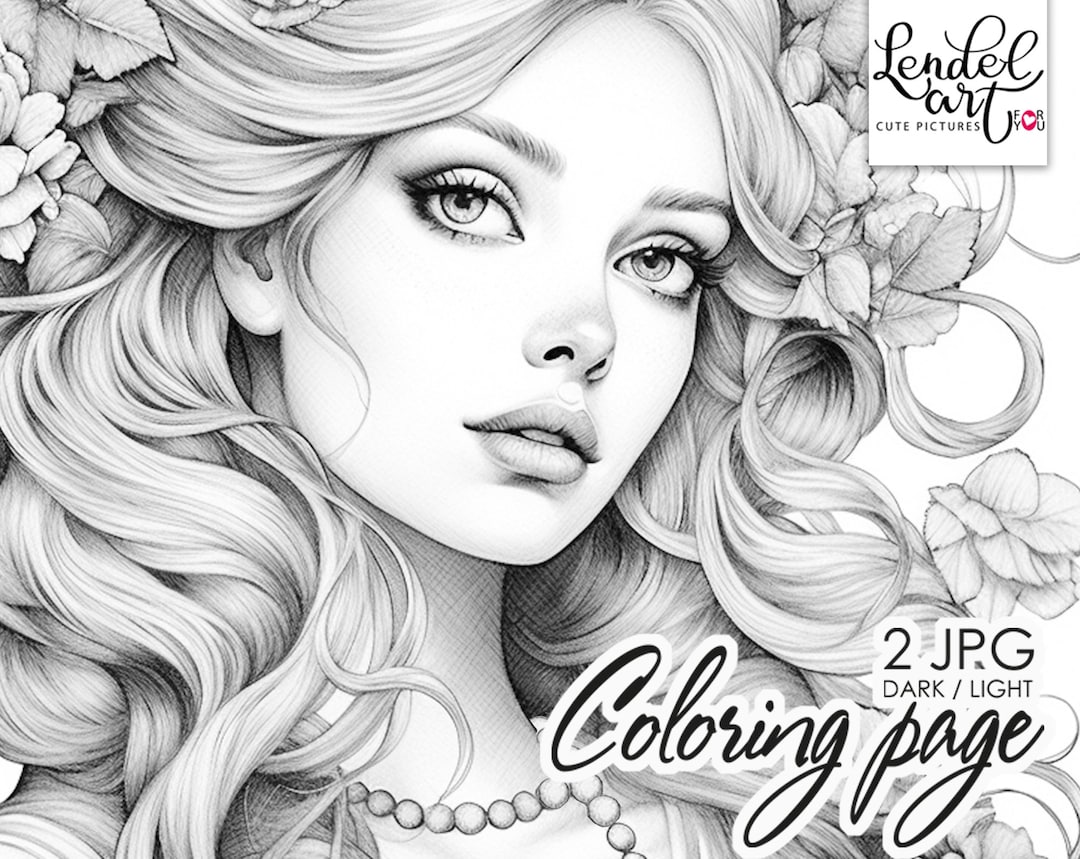 Coloring Page for Adults, Beautiful Girl, Grayscale Coloring Page, Girl ...